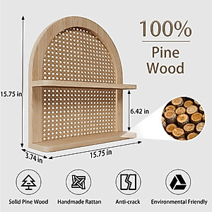 Eostbe Rattan Wall Shelf Boho Nursery Decor, 2-Tier Arched Woven Natural Wood Wicker Wall Shelf, 16''L Neutral Handcrafted Rattan Nursery Shelf, Decorative Shelf for Living Room,Bedroom & Bathroom