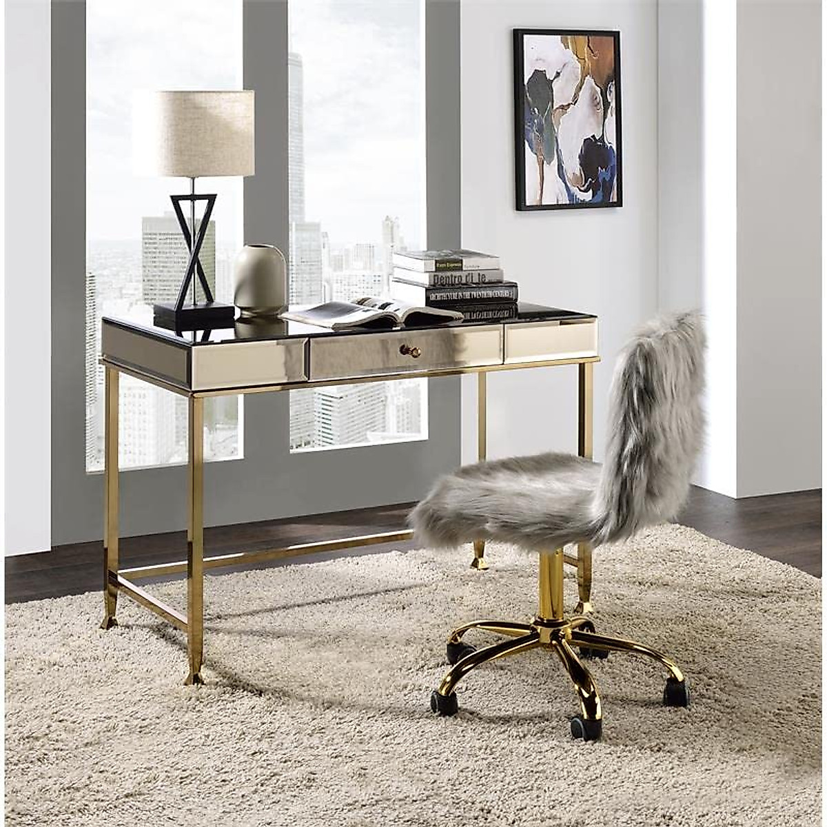 Acme Furniture Canine Writing Desk, Smoky Mirroed and Champagne Finish