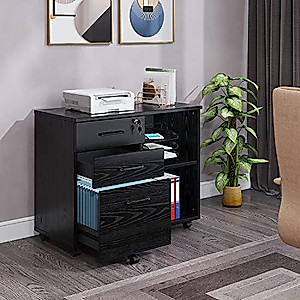 Wood File Cabinet, 3 Drawer Mobile Lateral Filing Cabinet On Wheels, Printer Stand with Open Storage Shelves for Home Office (Black 2)