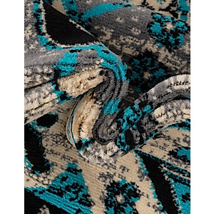 Unique Loom Taftan Collection Border Geometric Tribal Inspired Design Area Rug, 4 ft x 6 ft, Turquoise/Gray