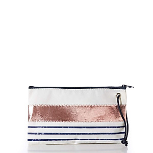 Sea Bags Recycled Sail Cloth Rose Gold-on-Navy Mariner Stripe Large Wristlet Zip Top Large Wristlet Purse Cell Phone Wristlet Zippered Wallet with Strap