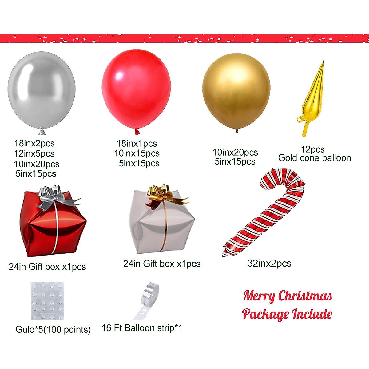 Bonropin Christmas Balloon Garland Arch Kit with Xmas Red and Gold Silver Balloons Candy Cane Balloons Gift Box Balloons Starburst Balloons for New Year Winter Christmas Party Decorations