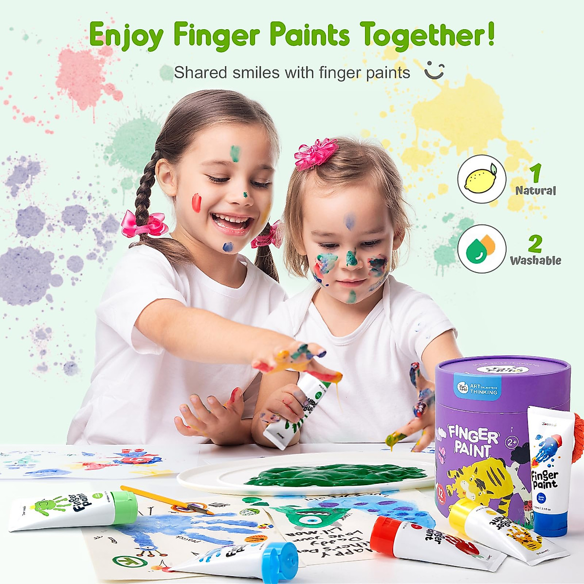 Jar Melo Washable Finger Paints for Toddlers, 12 Colors Large Capacity (2.1fl oz), Non Toxic Baby Paint for Hand and Feet, Safe Art Supplies, Preschool Learning Gifts for Kids Age 2+