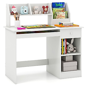 Giantex Kids Study Desk, Children Wooden Writing Table with Hutch, Bookshelf, Drawer, Keyboard Tray, Storage Shelves, White Student Computer Desk Workstation for Home School Use, Gift for Boys Girls