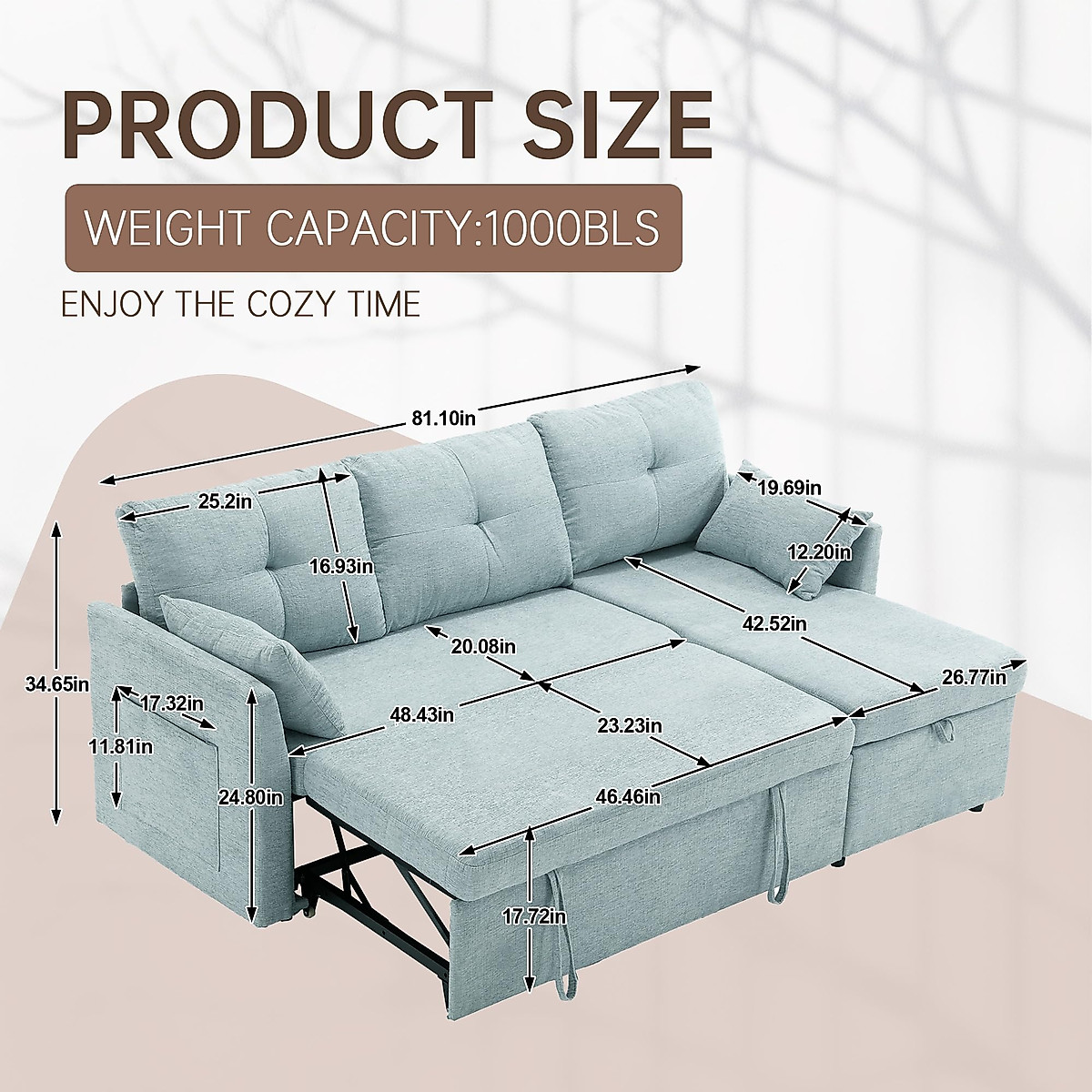 LIFEISLE Modern Sofa Bed,3 Seater Pull Out Sleeper Sofa Couch with Storage Chaise for Living Room,Chenille 81.1" 2 in 1 Sofa Sleeper with 2 Pillows and Side Pocket for Apartment,Lounge,Mint Green