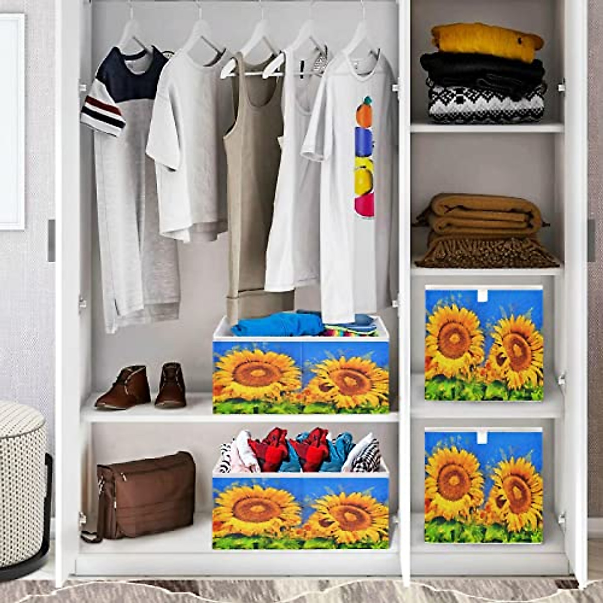 visesunny Closet Baskets Sunflowers Oil Painting Storage Bins Fabric Baskets for Organizing Shelves Foldable Storage Cube Bins for Clothes, Toys, Baby Toiletry, Office Supply