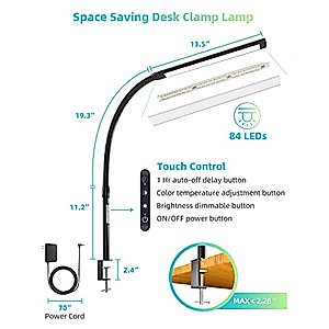 LED Desk Lamp with Clamp, 12W Gooseneck Task Light with 24V Adapter, 5 Brightness Levels & 5 CCT Adjustable Clip Table Lamp, Timer & Memory Functions, Eye-Caring Clamp-on Desk Lamps for Home Office