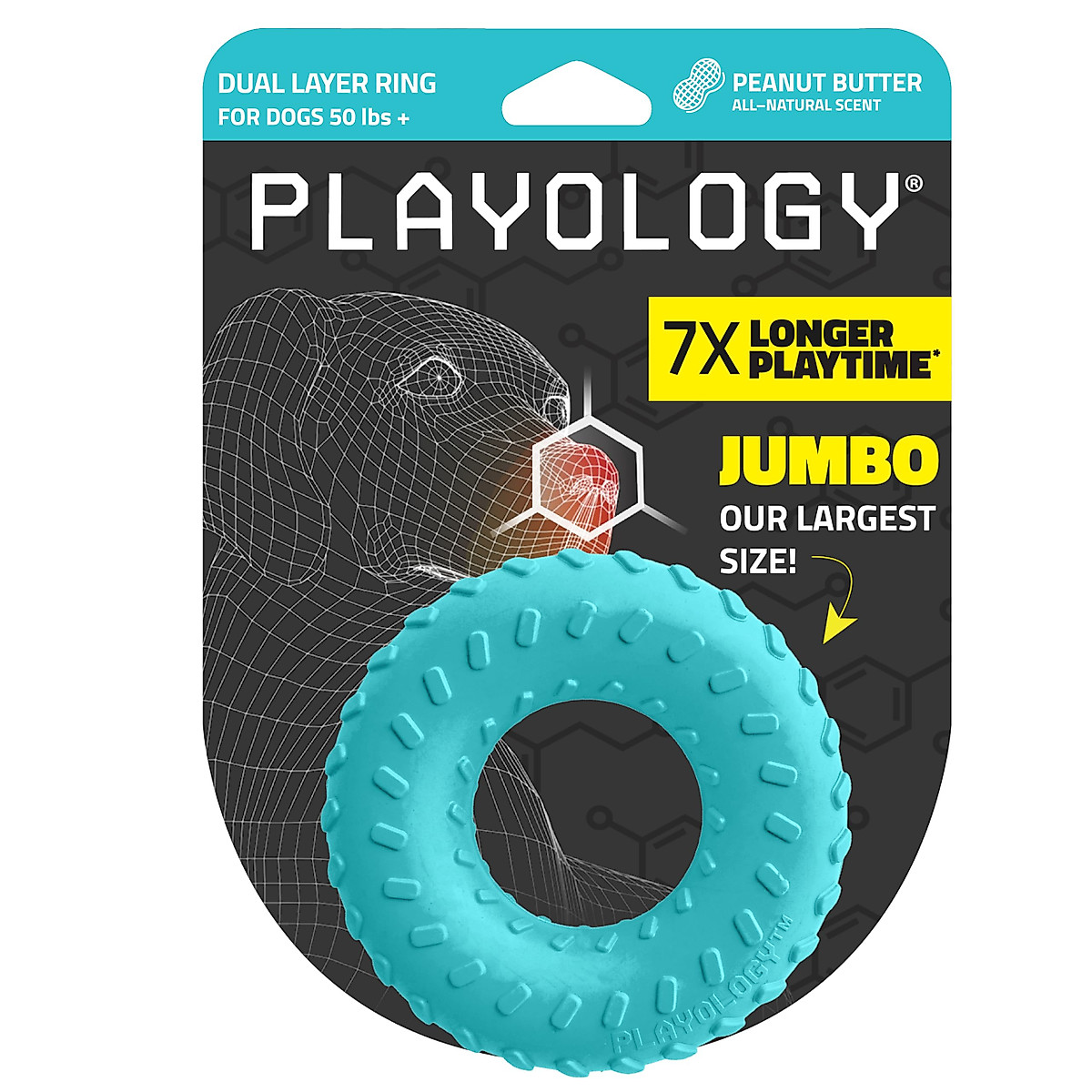 Playology Dual Layer Ring Toy for Large to X-Large Dogs 50lbs & up | Engaging All-Natural Peanut Butter Scented Durable Dog Chew Toy for Power Chewers | Easy to Clean, Interactive & Non-Toxic