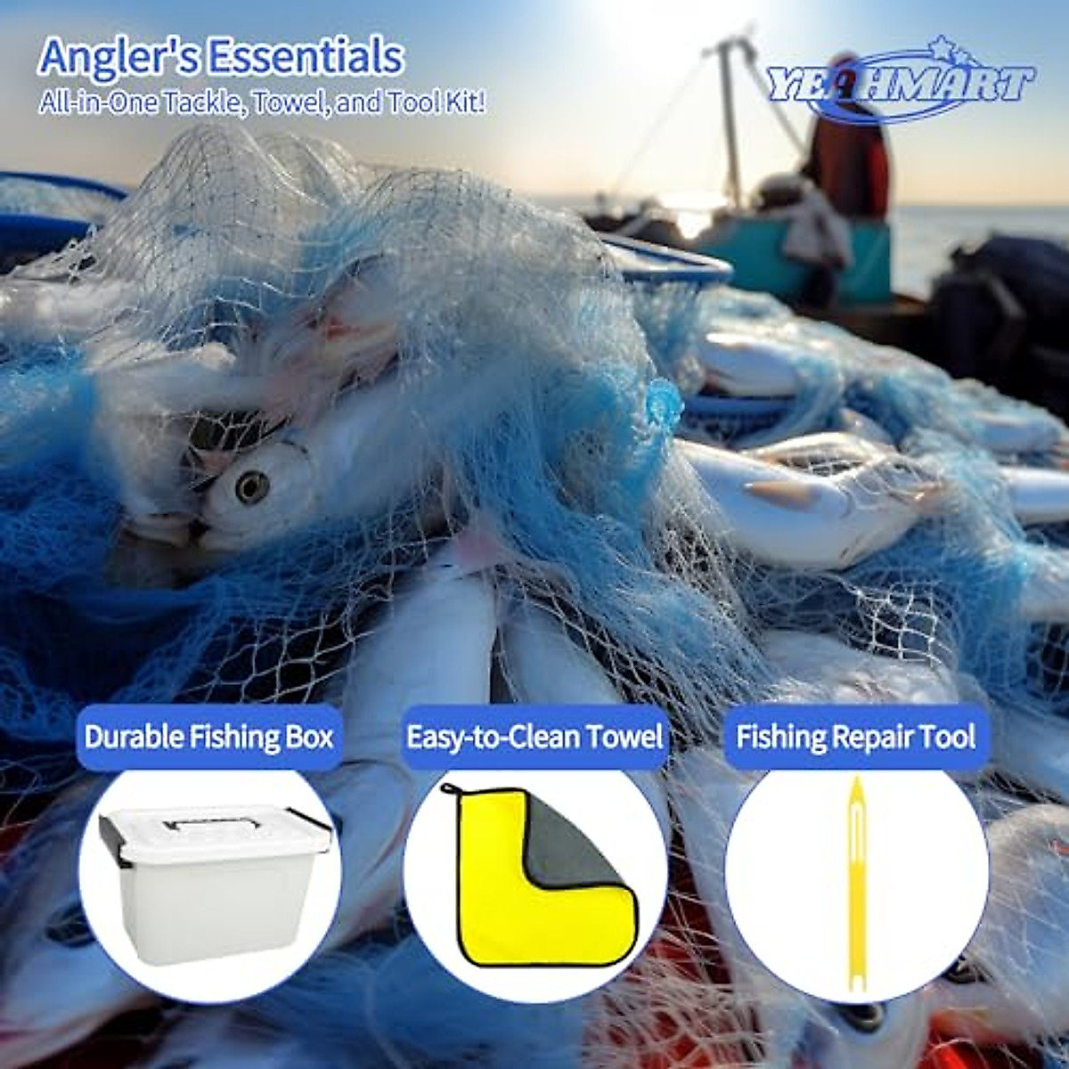 Yeahmart Saltwater American Fishing Cast Net 1/2 Mesh Size for Bait Trap Fish Heavy Duty Throw Net 4Ft Radius Freshwater Casting Nets with an Extra Fishing Cage (Monofilament line)