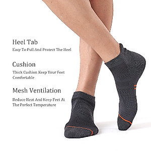 CelerSport 6 Pack Men's Running Ankle Socks with Cushion, Low Cut Athletic Sport Tab Socks, Grey, Shoe Size: 9-12