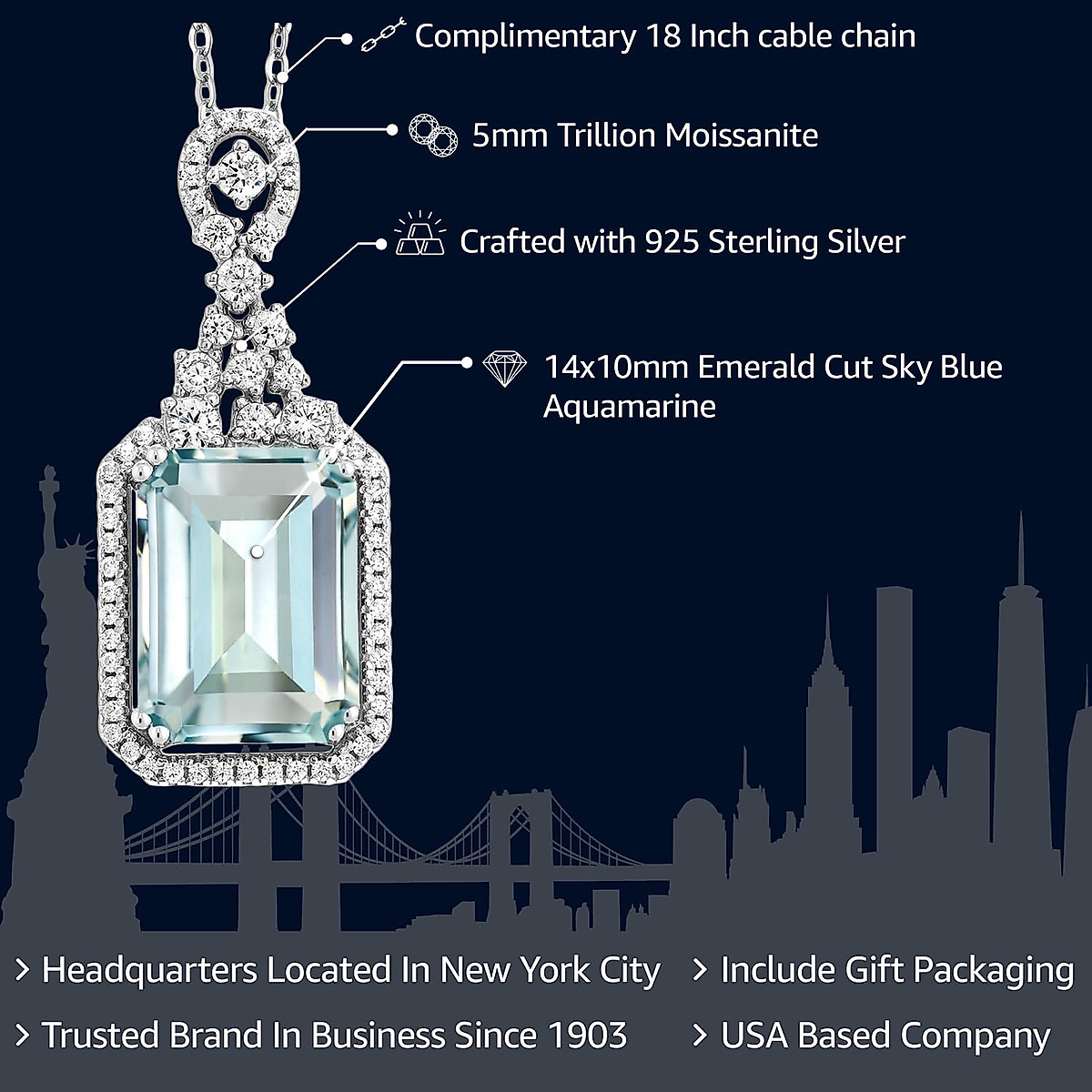 Gem Stone King 7.24 Cttw Sky Blue Simulated Aquamarine Necklace In 925 Sterling Silver | Emerald Cut 14X10MM Pendant Necklace For Women | With 18 Inch Silver Chain