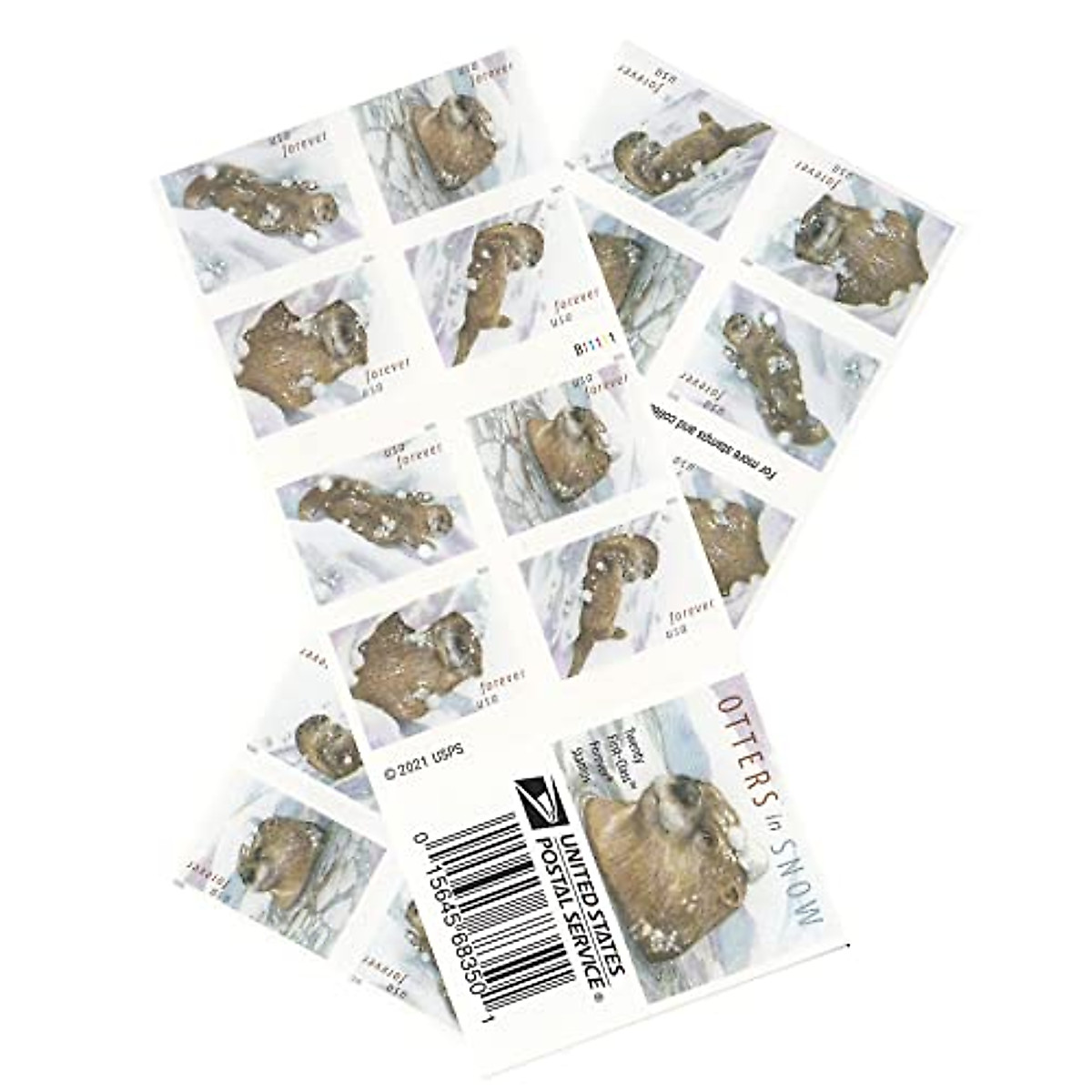 USPS 2021 Otters in Snow Forever First Class Postage Stamps Playful Theme, Winter, Holiday, Invitations, Animal Lover, (1 Booklet of 20 Stamps)