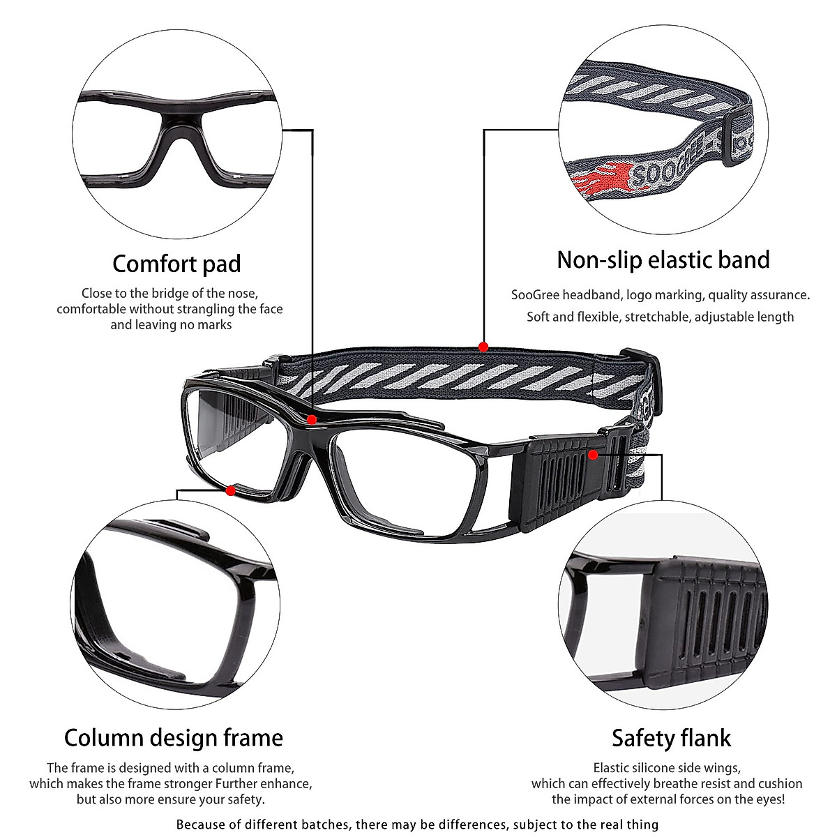 SooGree Racquetball Goggles - Sports Glasses Basketball Football Protective Eyewear Anti Fog Shock Absorption with Adjustable Strap (G8015 Black frame black pad)