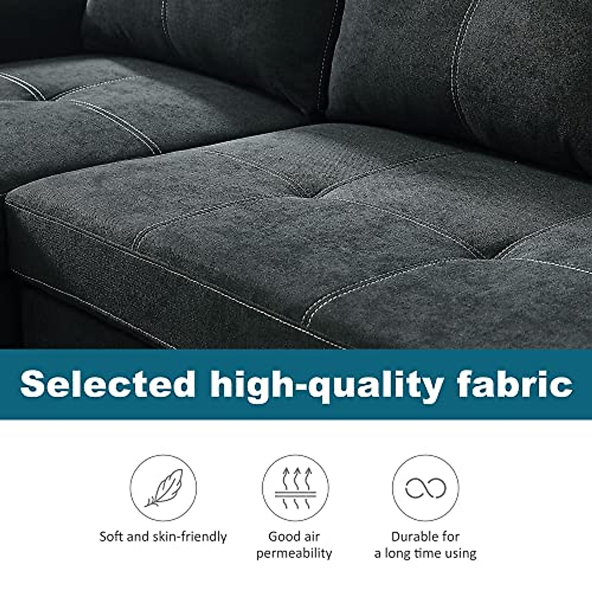 Evedy Upholstery Sleeper Sectional Sofa with Storage Chaise-Pull Out Couch Bed Reversible SofaBed for Living Room Furniture Set, Silver Rivets on Both Hands, a-Black