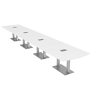 SKUTCHI DESIGNS INC. 20' Large Modular Conference Table with Data and Power | 20 Person Arc Rectangle Boardroom Table | Square Metal Bases | Harmony Series | White