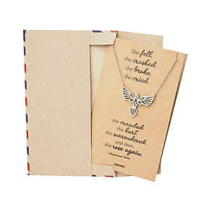 quan jewelry Phoenix Pendant Women Necklace, Bird Charm with Motivational Quote Card,Gift for Mom, Sister - Handmade (Silver Tone)