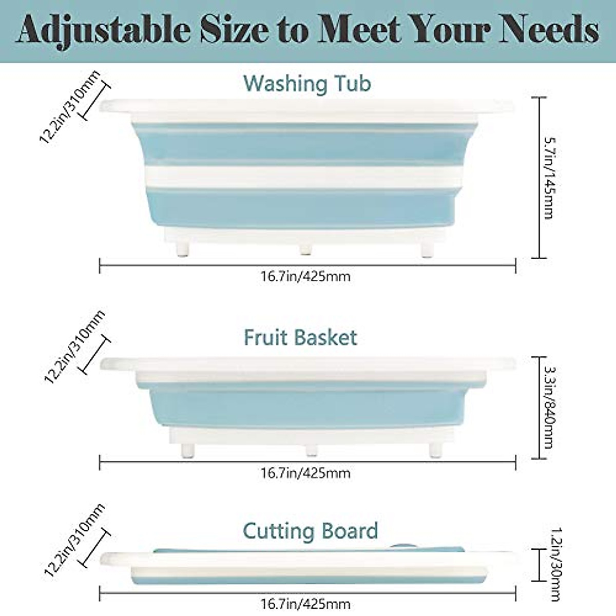 Rottogoon Collapsible Cutting Board, Foldable Chopping Board with Colander, Multifunctional Kitchen Vegetable Washing Basket Silicone Dish Tub for BBQ Prep/Picnic/Camping(Light Blue)