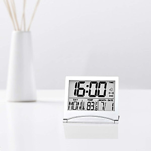 Betus Digital Travel Alarm Clock - Foldable Calendar Temperature Timer LCD Clock with Snooze Mode - Large Number Display, Battery Operated - Compact Desk Clock for All Ages (Silver, No Backlight)