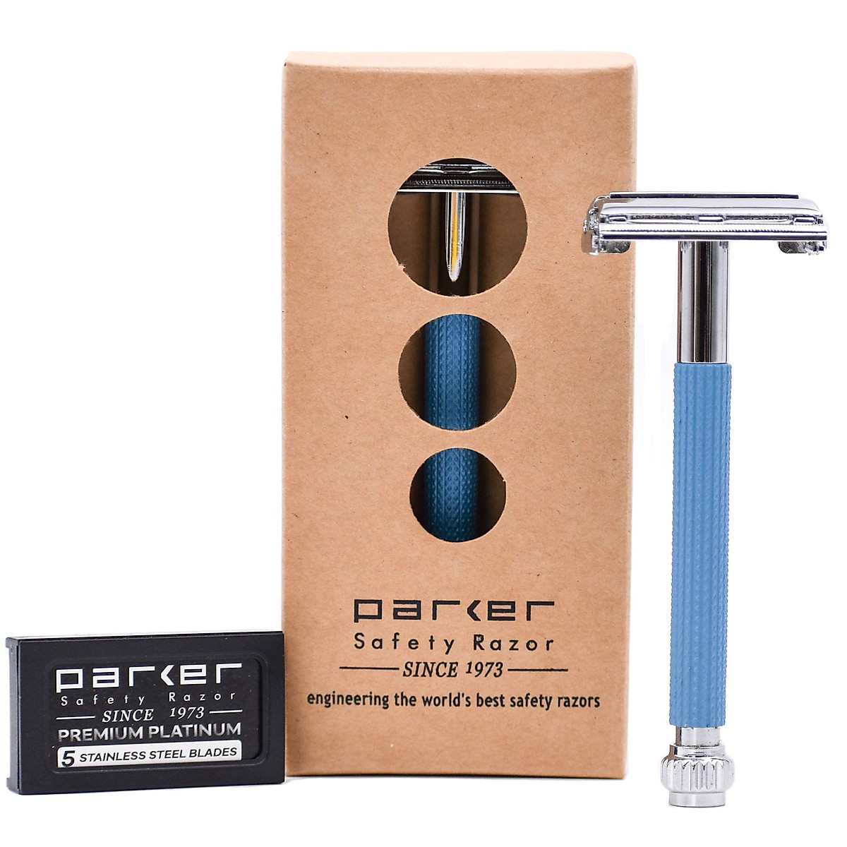 Parker 29L Blue, Long Handle Butterfly Open Double Edge Safety Razor for Men & Women, 5 Parker Premium Platinum Double Edge Razor Blades Included