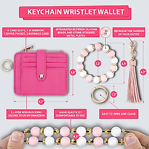 ANHBKAR Keychain Wristlet Wallet, Keychain Wallet Pocket Credit Card Holder Slim, Silicone Beads Wristlet Wallets for Women (PINK)