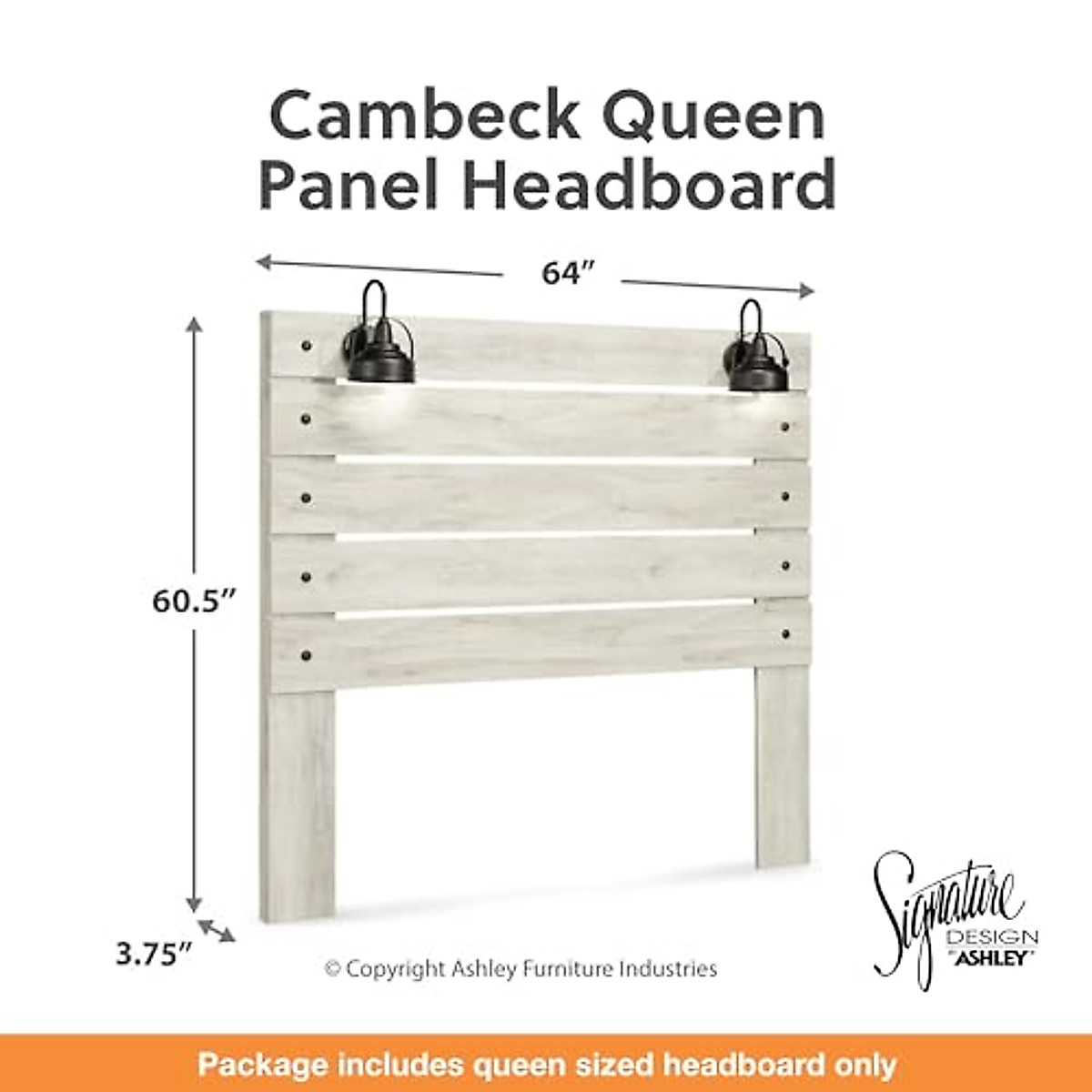 Signature Design by Ashley Cambeck Farmhouse Panel Headboard ONLY with USB Charging Stations, Queen, Whitewash