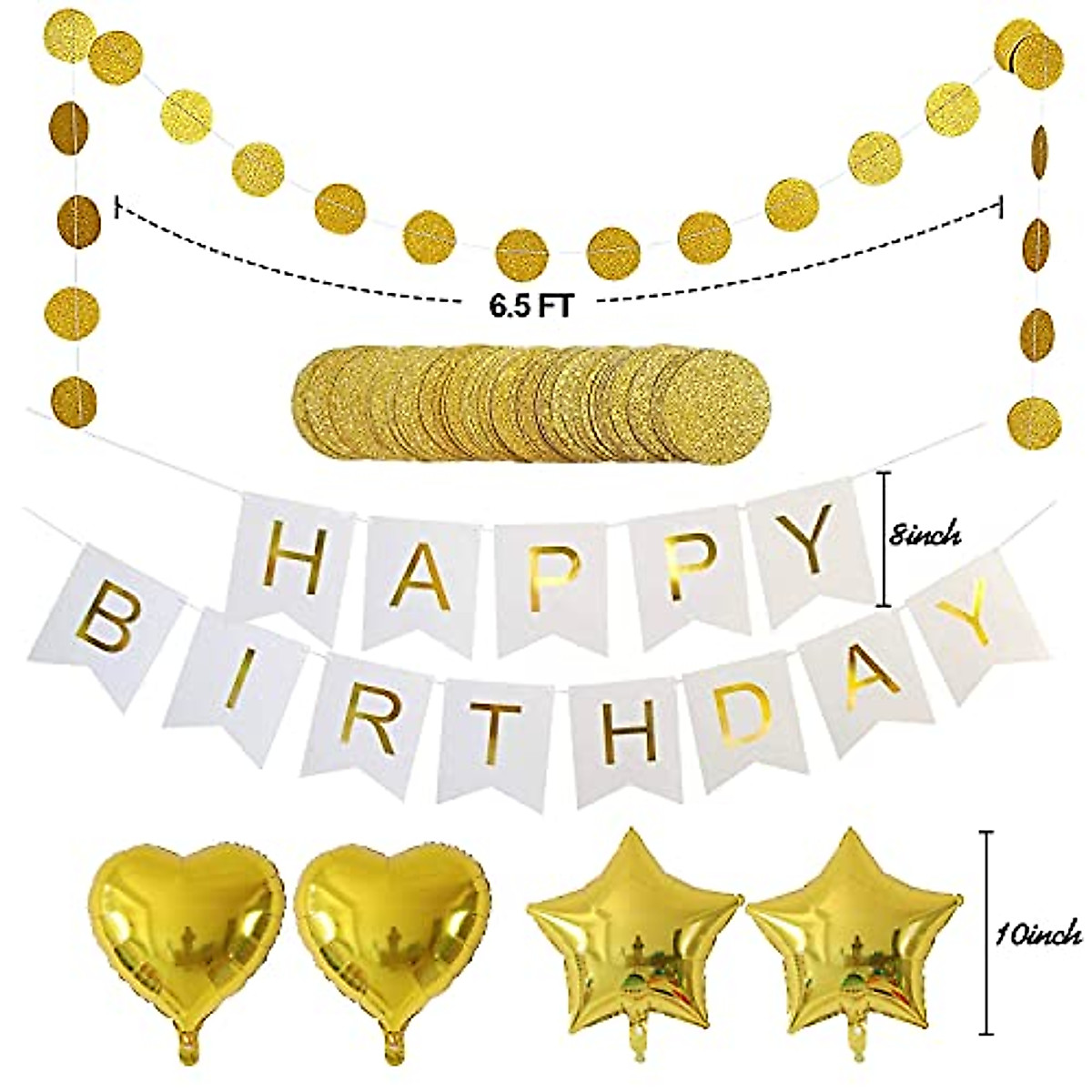 Gold White Birthday Party Decorations with Happy Birthday Banner,Heart Star foil balloons,DIY Cake Topper,Circle Dots Garland,Hanging Swirls,Tissue Paper Pompoms for Man Women