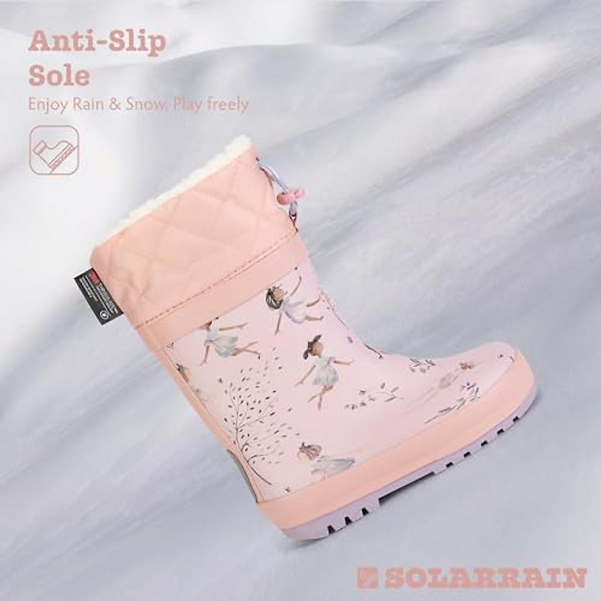 SOLARRAIN Boys Girls Snow Rain Boots Rubber Insulated Waterproof Winter Warm Boots for Kids Outdoor Mud Boots Rain Shoes with Adjustable Closure (Fairies)