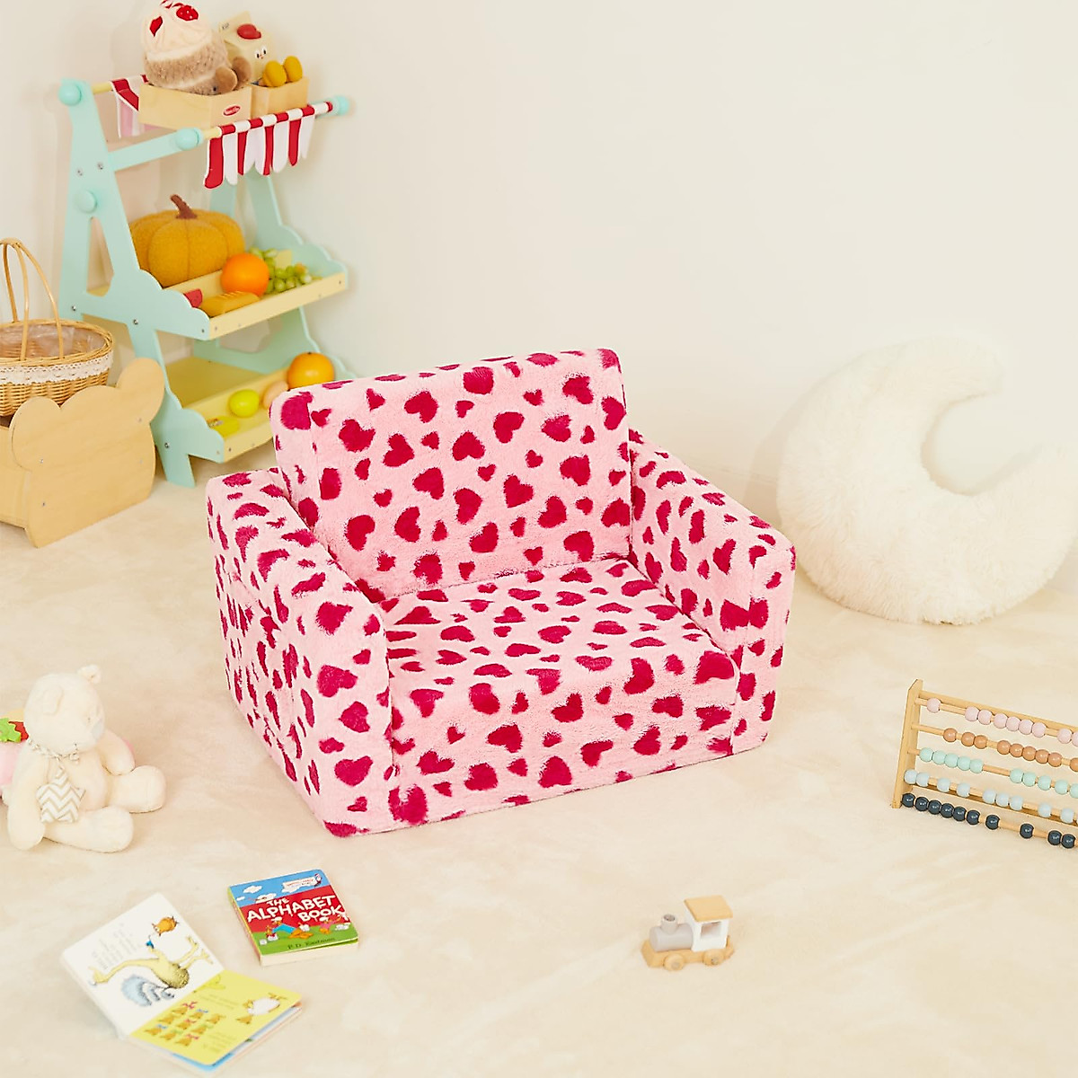 YLHO Flip-Out Sofa, 2-in-1 Convertible Sofa to Lounger for Kids, Soft and Comfy Toddler Couch for Kids Age 18 Months and Up (Pink & Red Heart)