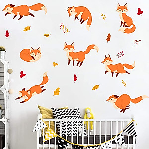 WOYINIS Cute Fox Wall Decals DIY Animal Foxes Pine Leaves Wall Stickers Peel & Stick Bedroom Playroom Baby Nursery Kids Room Wall Decor Art Decoration