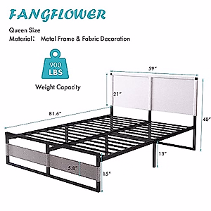 Fangflower Metal Platform Bed Frame with Headboard, 13 Inches Queen Size Bed Frame, Heavy Duty Steel Slat Mattress Foundation/No Box Spring Needed/Tool Free Setup