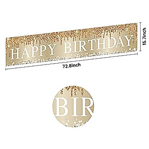 Gold White Happy Birthday Banner Decorations for Women Girls, Gold Glitter Birthday Yard Banner Sign Party Supplies, 16th 18th 21st 30th 40th 50th 60th Birthday Theme Decor for Outdoor Indoor