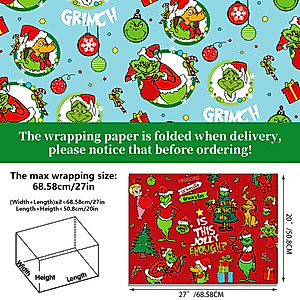 12 Sheets Christmas Grich Wrapping Paper,Funny Cartoon Character Pattern Wrapping Paper For Christmas Party Birthday Party DIY Gift Packing, 20 x 27 Inch