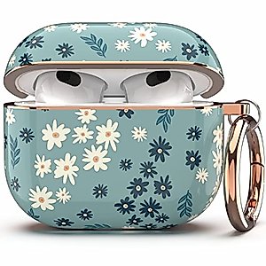 TATOFY Case Cover for AirPods 3, AirPods 3 Case for Women, Flora Protective Hard Case with Carabiner, Led Visible, Wireless Charging Compatible (Cyan)