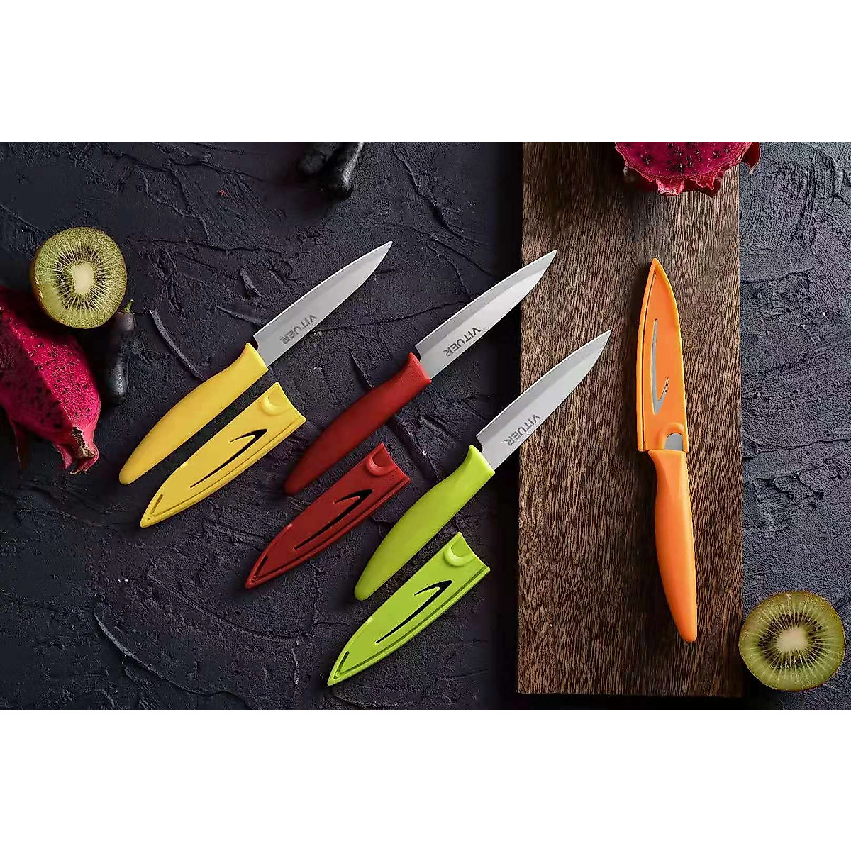 VITUER Paring knife, 8PCS Paring knives (4 Knives and 4 Knife cover), 4 Inch Peeling Knife, Fruit and Vegetable Knife, Ultra Sharp Kitchen Knives, German Steel, PP Plastic Handle