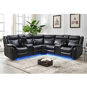 ELIASER Manual Reclining Sectional Sofa with LED Light Recliner Faux Leather L-Shaped Reclining Sectional Couch Recliner Sofa Cup Holder,USB Port,Storage Console,5 Seater for Living Room Black
