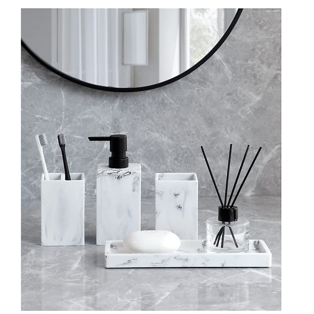 ZHANWANGJIAJU Bathroom Accessory Set Complete Vanity Top Decoration Set Marble Pattern Lotion Dispensing Soap Dispenser, Toothbrush Holder, Soap Pump, Tray (White)
