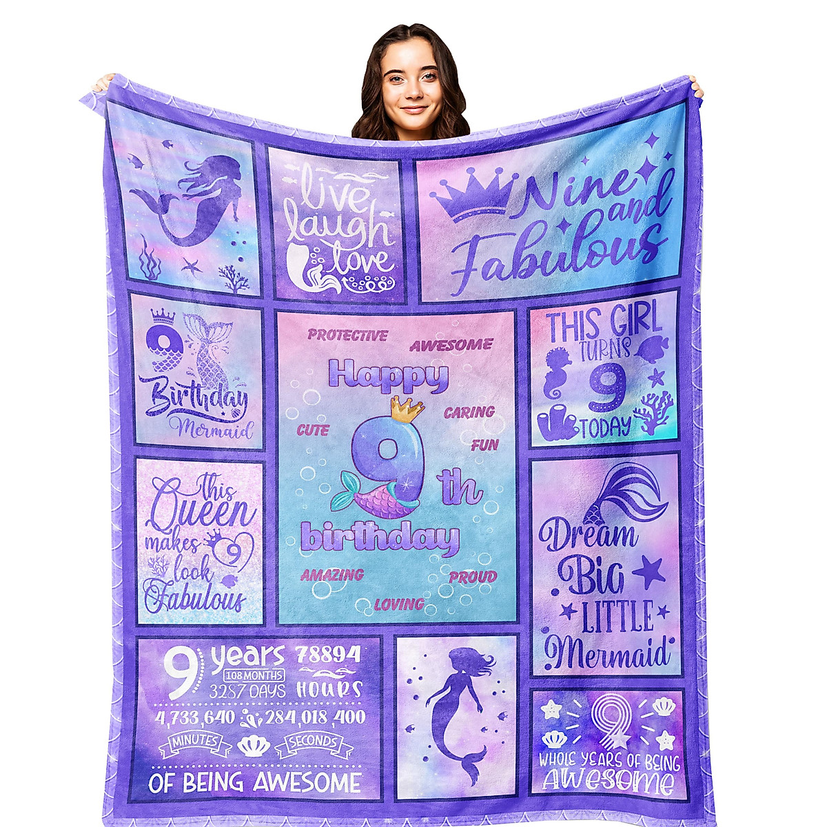 Henazin 9 Year Old Girl Birthday Gift, Purple Cartoon Heart Flannel Throw Blanket, 50"X60", Lightweight, Modern, Twin Size, 1 Count