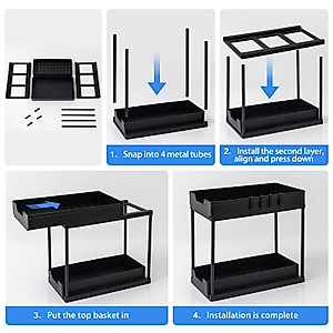 2-Tier Under Sink Organizer Storage, Double Sliding Under Cabinet Basket Organizer with 2 Pull Out Drawers & 4 Hooks, Multi-Purpose Under Shelf Organizer for Bathroom Kitchen (2 Pack)