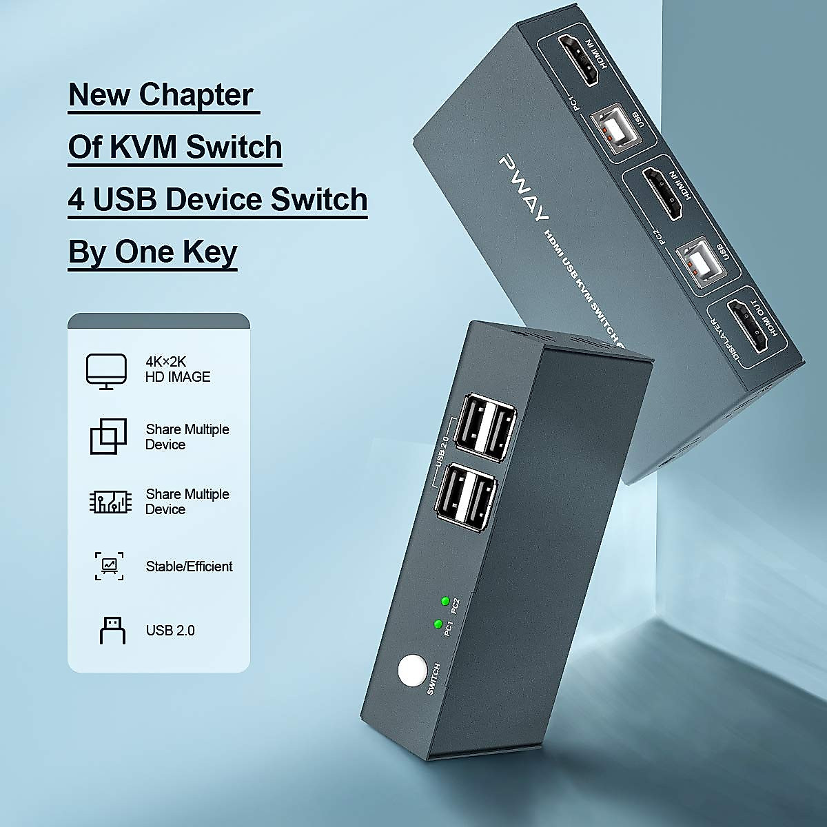 KVM Switch HDMI 2 in 1 Out Box, 4K@30Hz with USB 2.0 Hubs, HDMI Cables and USB-B Cables Attached, Downward Compatible Lower Resolution