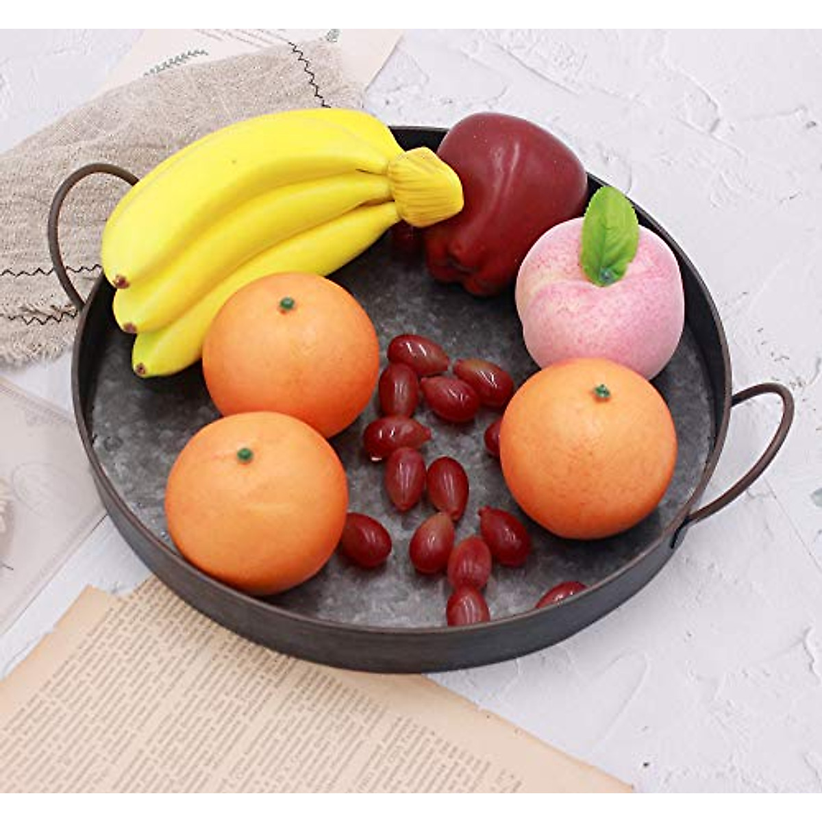 Funerom 10.2 inchs Round Galvanized Metal Round Tray with Handles