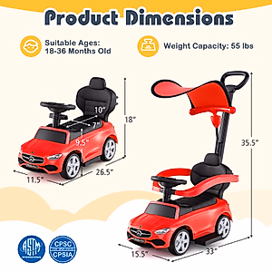 Costzon Push Car for Toddlers, 3 in 1 Mercedes Benz Stroller Sliding Walking Car w/Canopy, Handle, Safety Bar, Cup Holder, Music, Underneath Storage, Foot-to-Floor Ride On Toy for Boys & Girls, Red