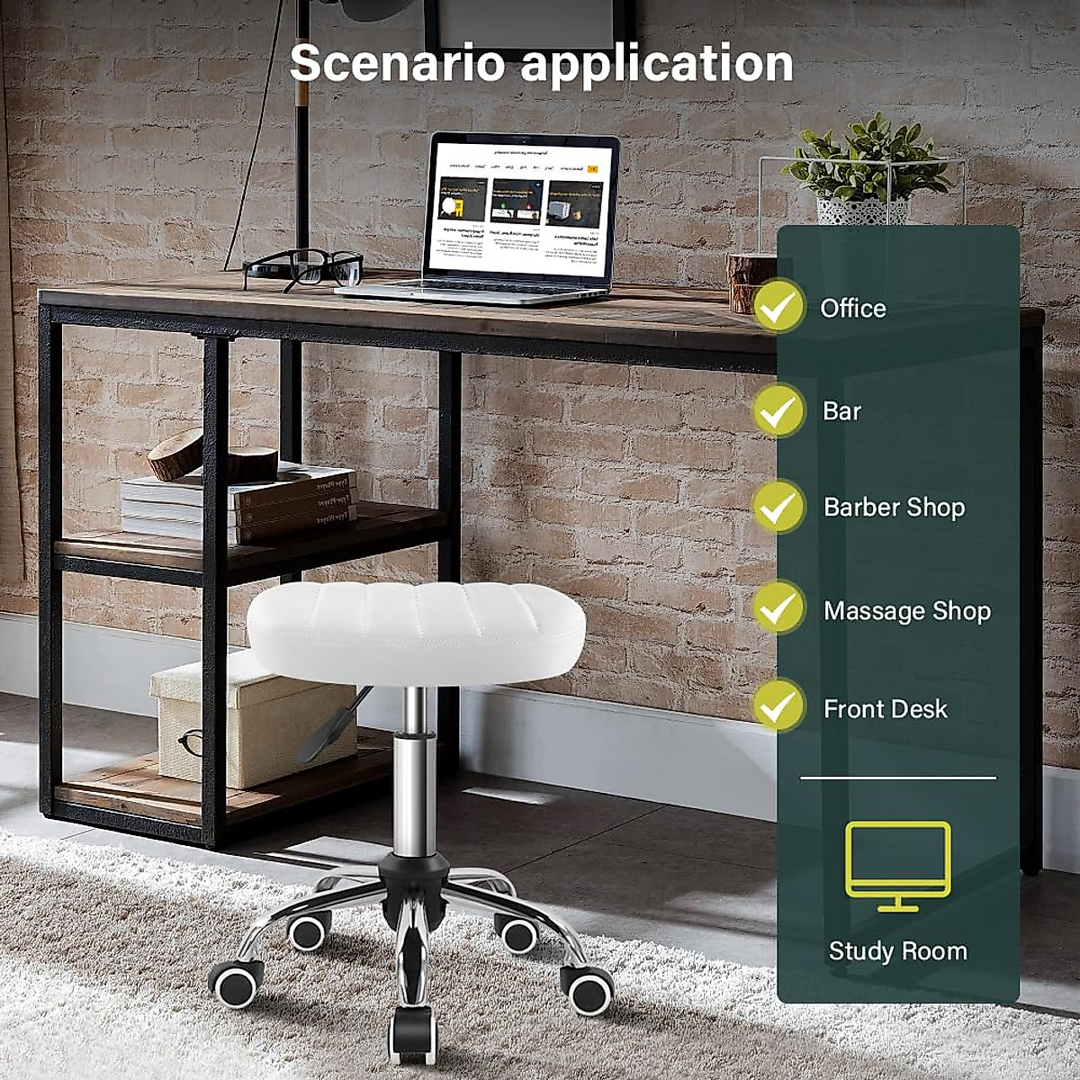 BFTOU White Minimalist Square Swivel Stool with Wheel for Work SPA Shop Massage Height-Adjustable and Cost-Effective Rolling Stool Chair