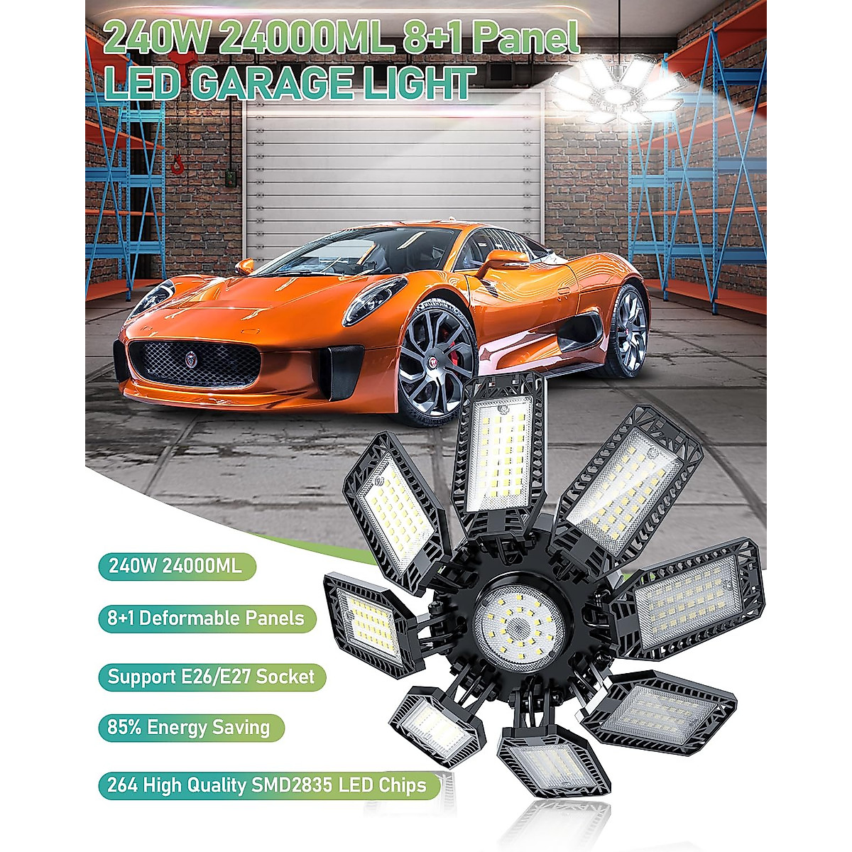 YIBEYYDS LED Garage Lights Garage Light - 240W 24000LM Garage Lights Ceiling LED，6500K LED Garage Ceiling Lights with 8+1 Deformable Panels Support E26/E27 for Garage, Workshop, Basement (2)