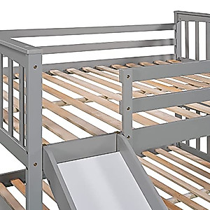ERDAYE Full Over Full Bunk Bed with Slide and Ladder, Wood Bunkbed w/Safety Guardrails, Solid Slat Support Bedframe for Kids Teens, No Box Spring Needed, Grey