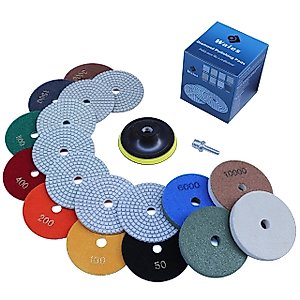 Waies 11 Packs 4 Inch Diamond Polishing Pads with 5/8"-11 Backer Pad 9 PCS Wet/Dry Polish Pad Kit for Drill Grinder Polisher 50-10000 Grit Pads for Marble Tile Quartz Granite Concrete Countertop