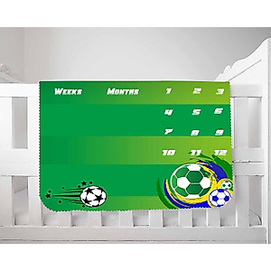 KIKIDOR Soccer Theme Baby Monthly Milestone Blanket Football Field Sports Newborn Boy Baby Shower Photo Background Props Nursery Decor Personalized Growth Chart Flag Blanket 48x40inch BTYYKI010