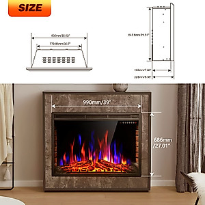 XBeauty 39 Inch Electric Fireplace Insert, Electric Heater with Touch Screen,Colorful Flame & Timer Control,750W-1500W and Remote Control.