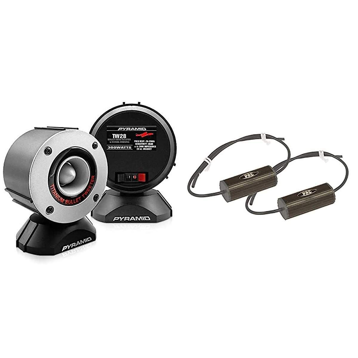 Pyramid 300 Watt Marine Tweeter Speaker - 3.75” Aluminum Bullet Horn w/ 1” Titanium Dome Tweeter & PAC BB-6PR Pair of Bass Blocker for Tweeters, 6 Inch x 1 Inch x 6 Inch Black