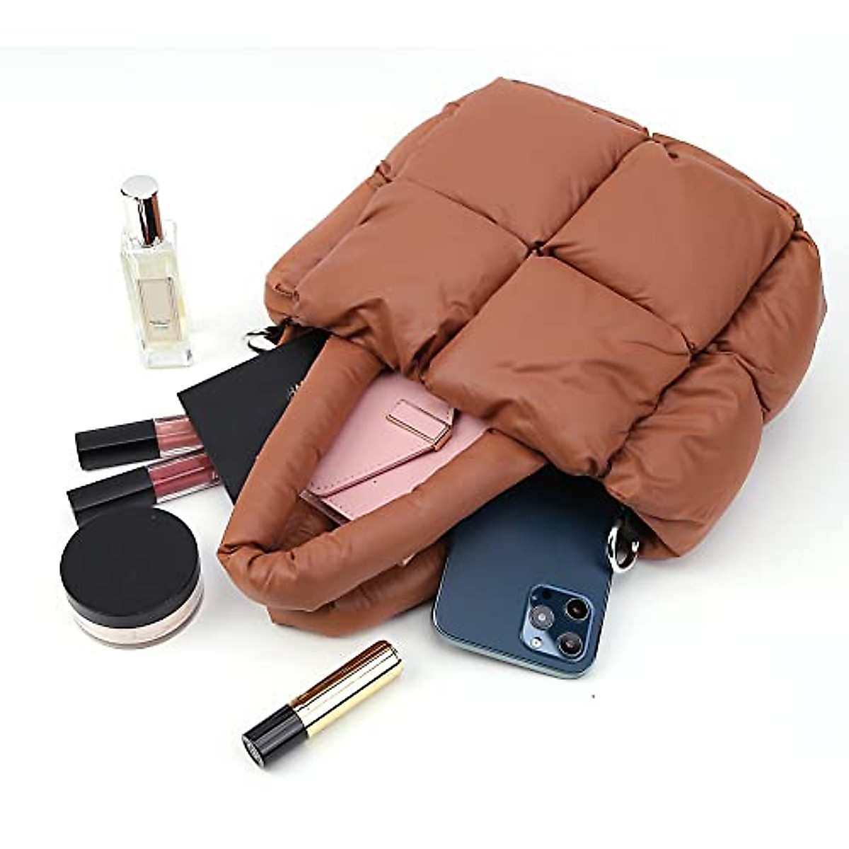 AZURAOKEY Puffer Tote Bag, Check Cotton-Padded Bag Autumn Winter Lady Soft Puffer Shoulder Bag Warm for Work (Brown)