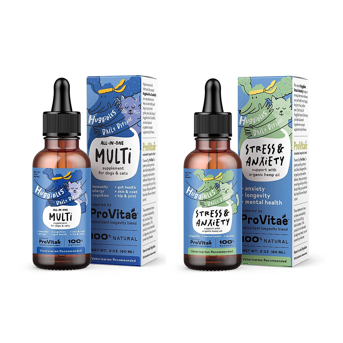 HUGGIBLES All-in-One Multivitamin and Stress & Anxiety Liquid Bundle for Dogs and Cats, Pet Food Additive for Digestive Support & Immunity - Calming Stress & Anxiety Support, Promotes Longevity